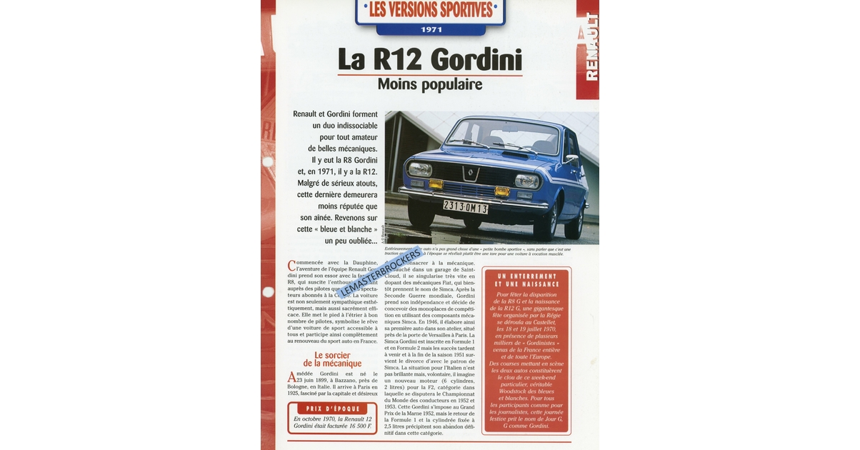 RENAULT 12 GORDINI - LES VERSIONS SPORTIVES 1971 - FICHE R12 AUTO ...