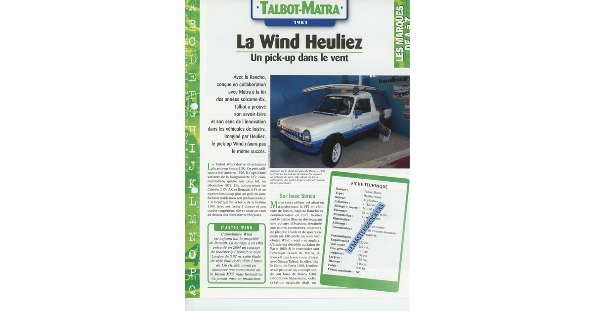 TALBOT MATRA WIND HEULIEZ - 1981 - FICHE AUTO HACHETTE - FICHES AUTO ...
