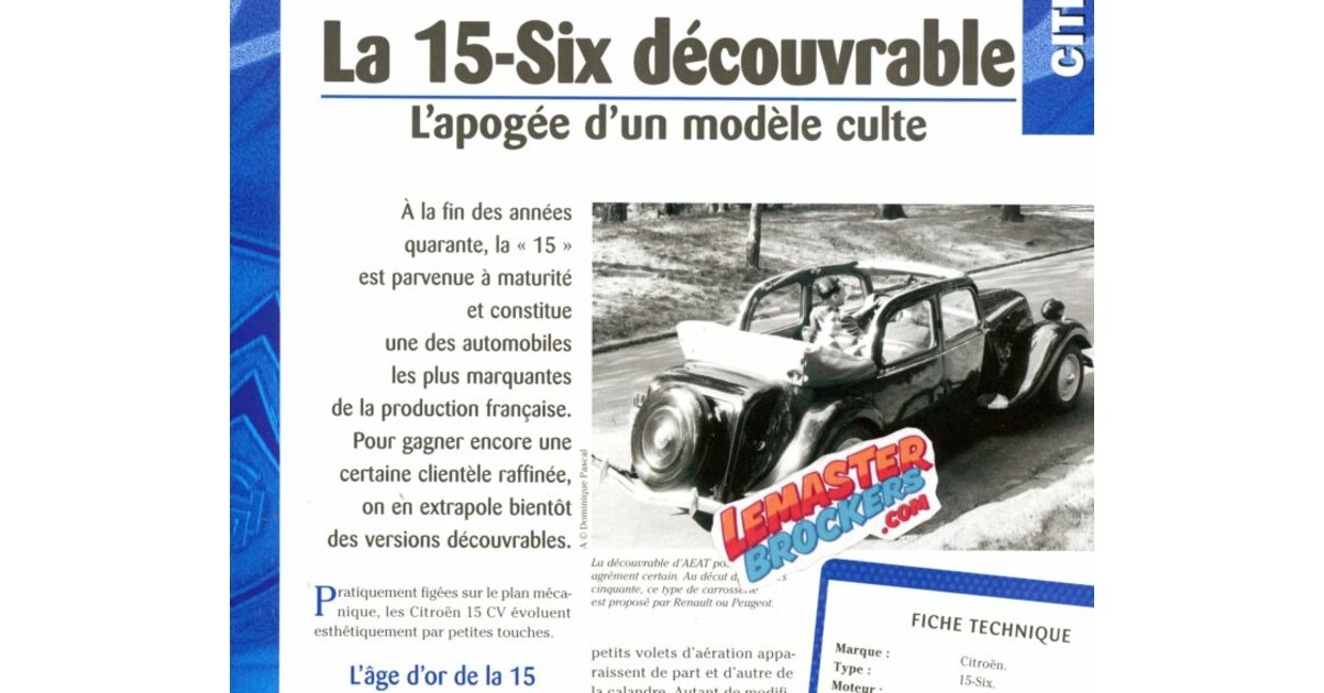 FICHE TECHNIQUE CITROEN 15 SIX DECOUVRABLE 1949 - FICHES AUTO