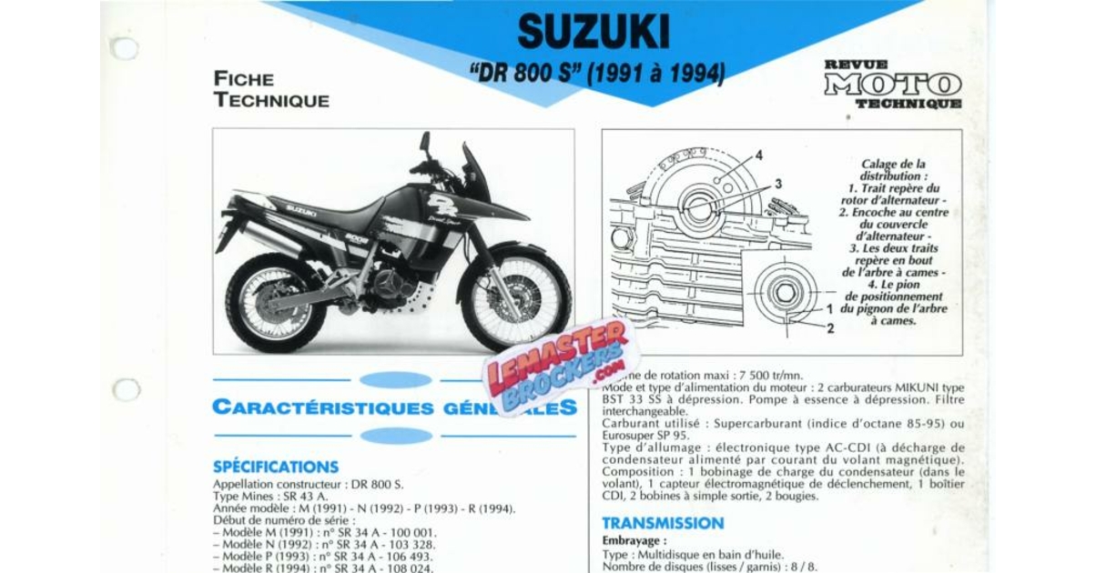 FICHE MOTO TECHNIQUE SUZUKI DR800 S 1991 A 1994 - AUTO / MOTO