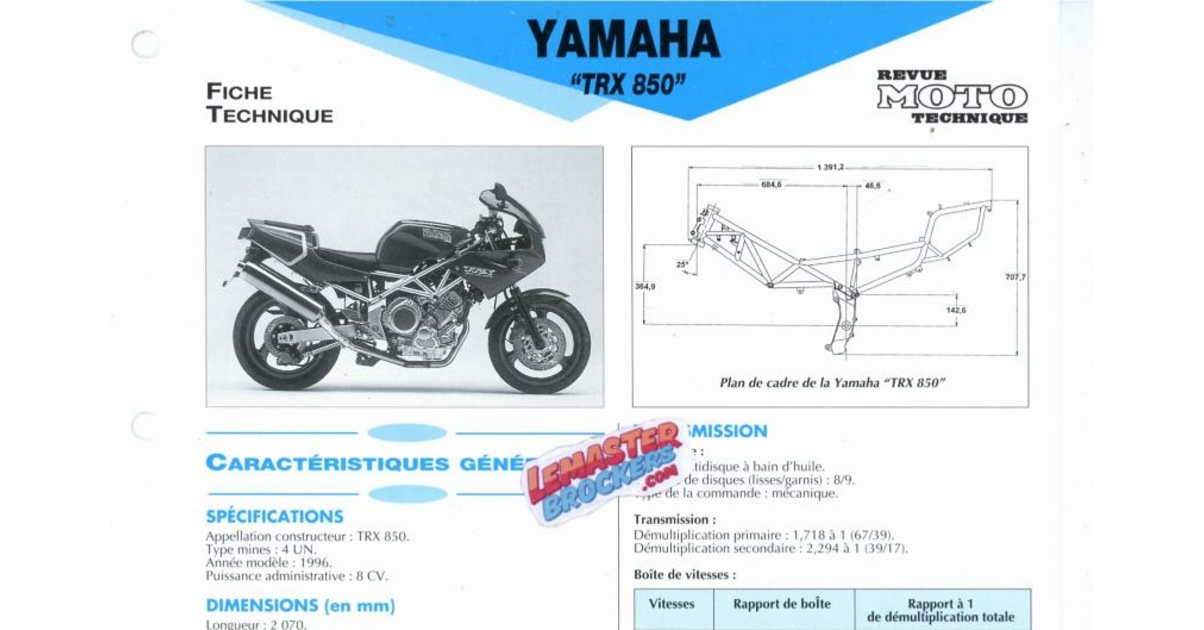 FICHE MOTO TECHNIQUE YAMAHA SZR 600 - ETAI 2001 - AUTO / MOTO