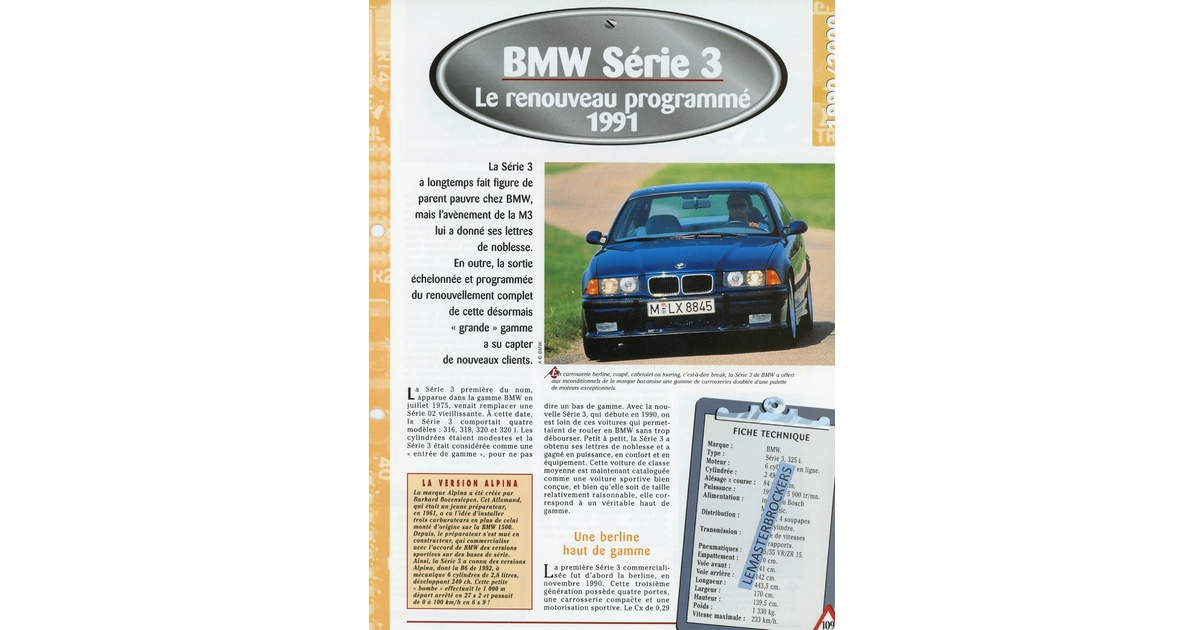 FICHE TECHNIQUE BMW SÉRIE 3 325I - FICHE AUTO - HACHETTE LITTÉRATURE ...