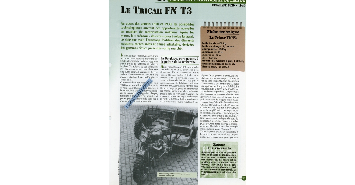 TRICAR FN T3 - FICHE MOTO MILITAIRE HACHETTE COLLECTION - FICHE TECHNIQUE