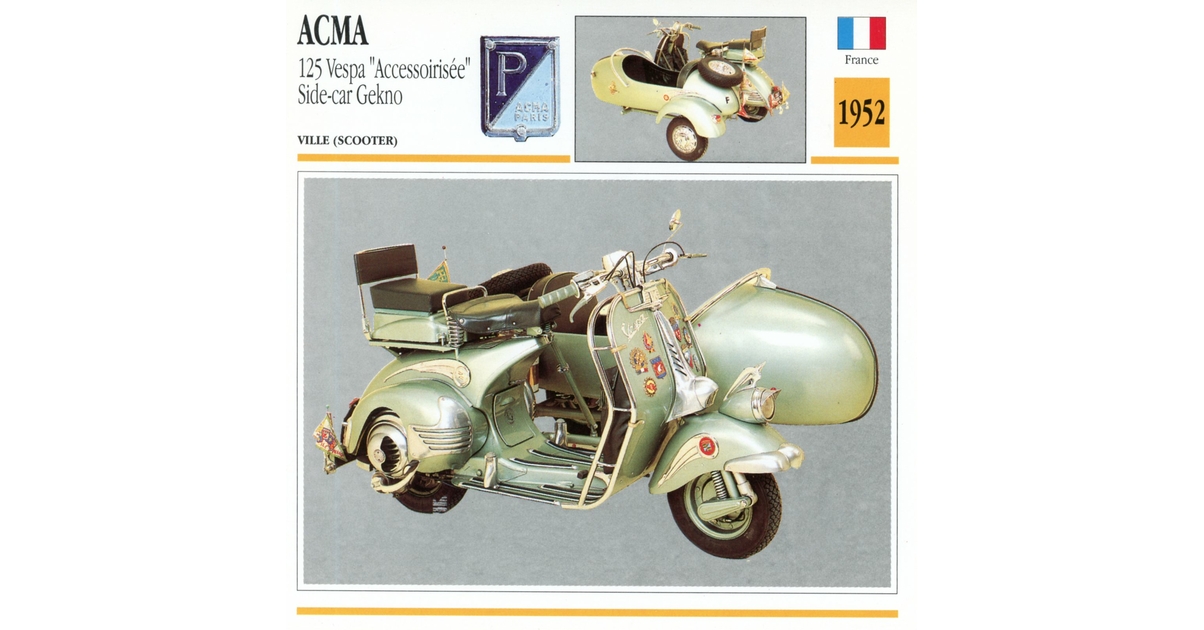 ACMA VESPA SIDE-CAR GEKNO 1952 - CARTE CARD PIAGGIO FICHE SCOOTER ...