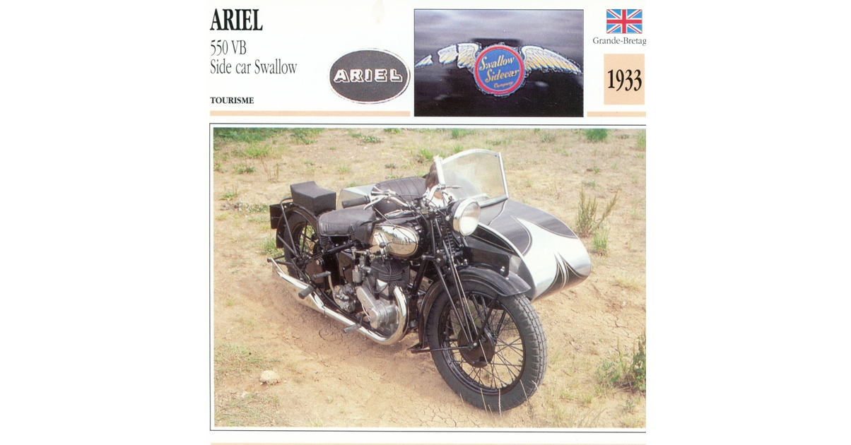 ARIEL 550 VB SIDE CAR SWALLOW 1933 - CARTE CARD FICHE MOTO ...