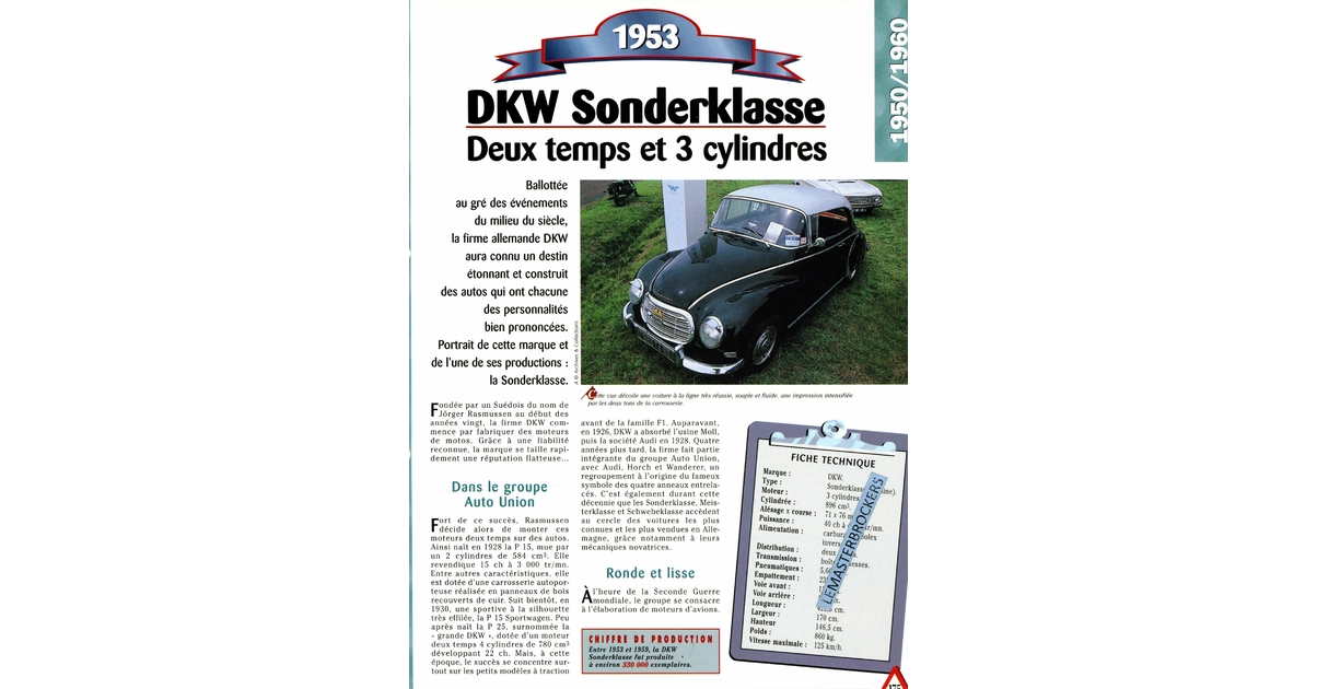 DKW SONDERKLASSE FICHE AUTO HACHETTE - FICHE TECHNIQUE - FICHES AUTO ...