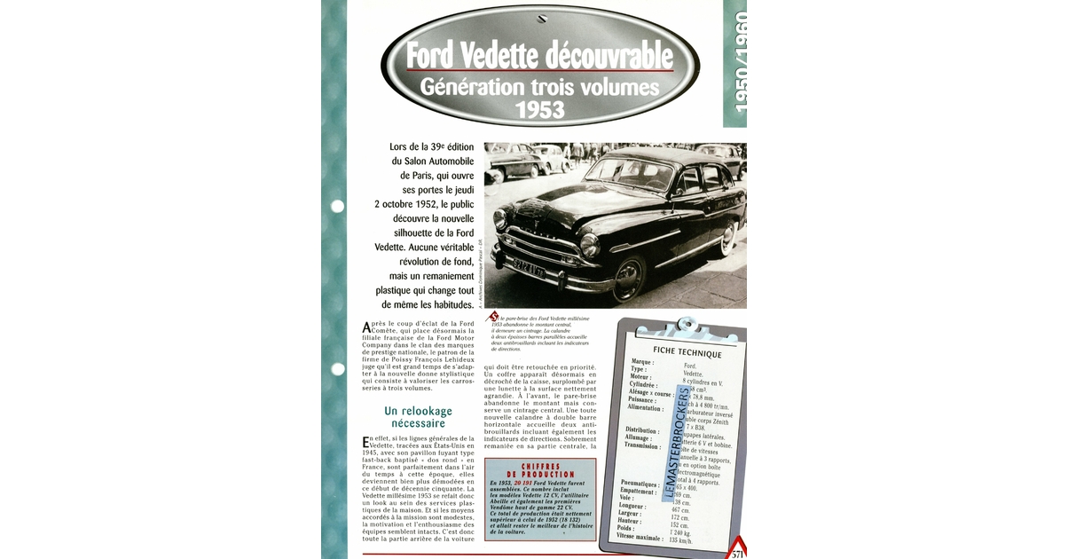 FORD VEDETTE 1953 FICHE AUTO HACHETTE - FICHE TECHNIQUE - FICHES AUTO ...