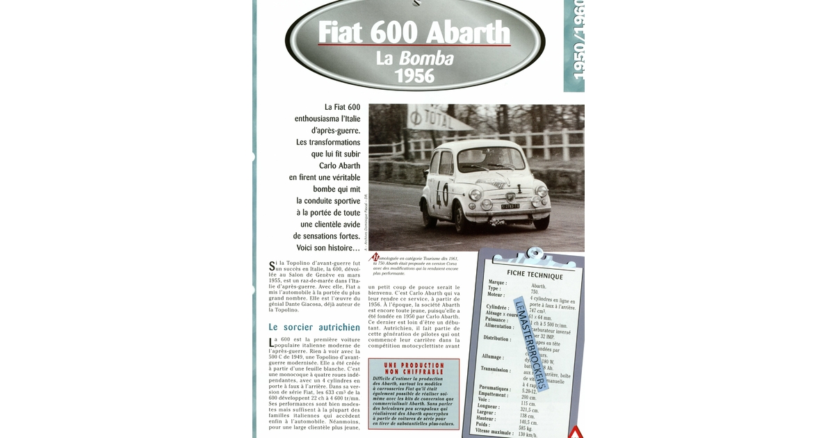 FIAT 600 ABARTH 750 FICHE AUTO HACHETTE - FICHE TECHNIQUE - AUTO / MOTO ...