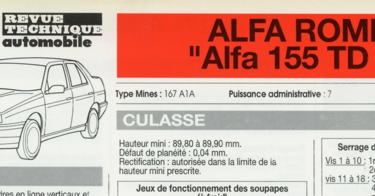 FICHE TECHNIQUE ALFA ROMEO 155 TD 2.5 - FICHE RTA AUTOMOBILE 1993 ...