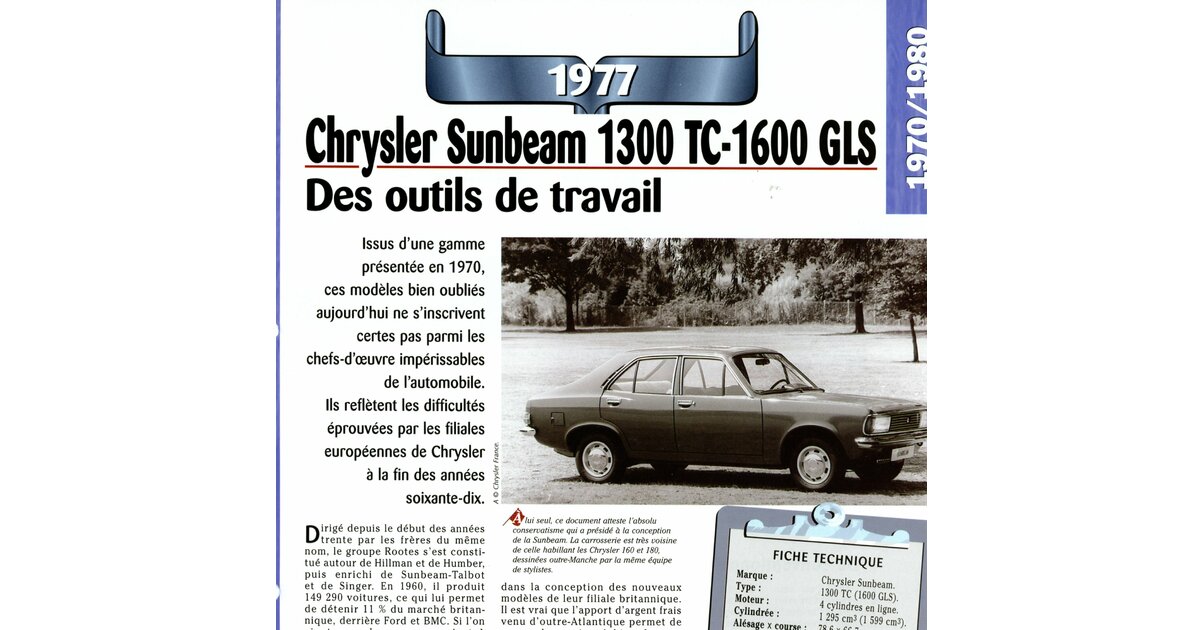 FICHE CHRYSLER SUNBEAM 130 TC 1600 GLS - FICHE AUTO TECHNIQUE - FICHES ...