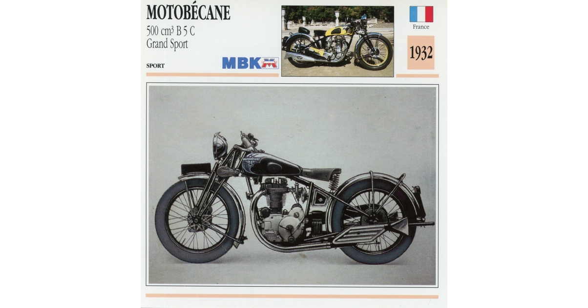 MOTOBÉCANE 500 B5C GRAND SPORT 1932 - CARTE CARD FICHE MOTO ...