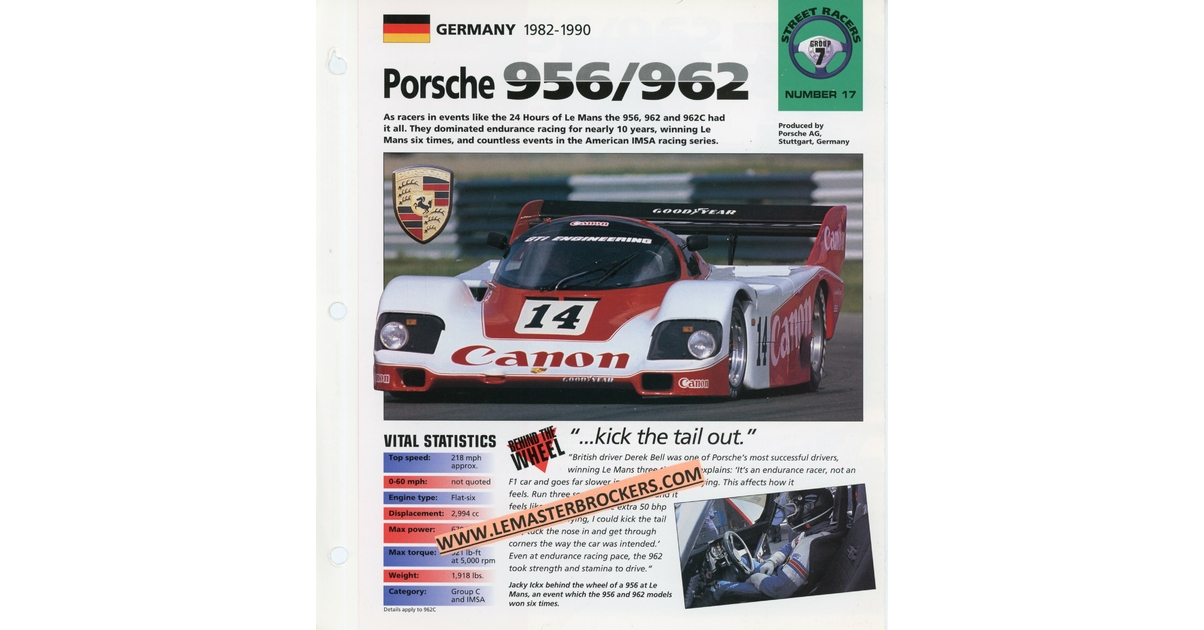 PORSCHE 956 962 FICHE TECHNIQUE AUTO - LITTÉRATURE DÉPLIANT AUTOMOBILE ...