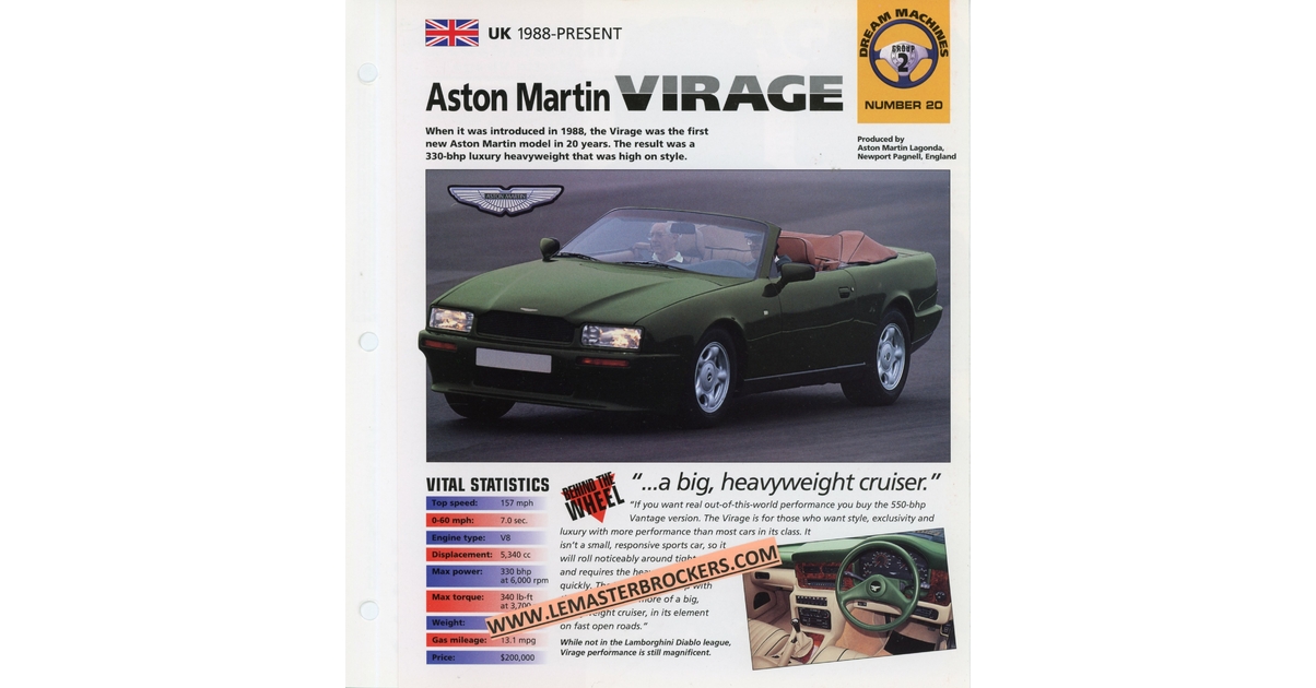 ASTON MARTIN VIRAGE FICHE TECHNIQUE AUTO - LITTÉRATURE DÉPLIANT ...