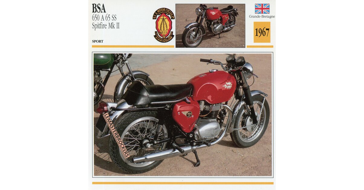 BSA 650 A65 SS SPITFIRE MK2 1967 - FICHE MOTO - MOTORCYCLE CARDS ATLAS ...