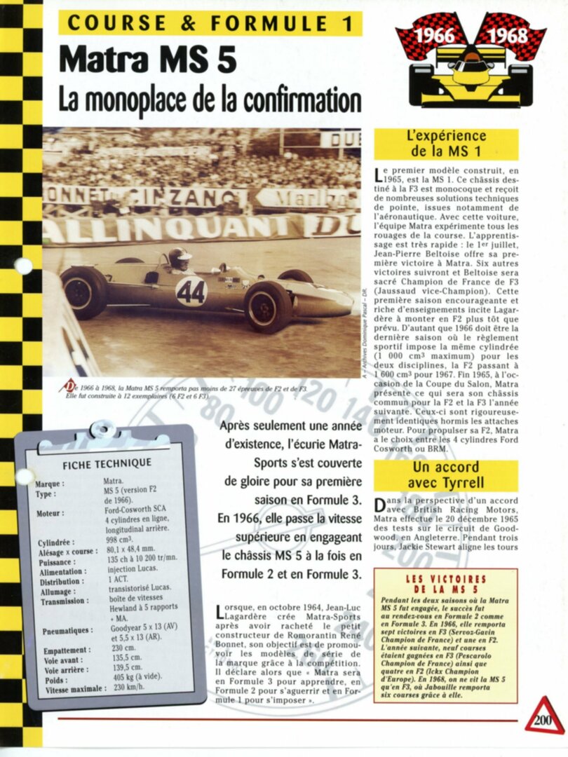 FICHE MATRA MS 5 - FICHE TECHNIQUE MATRA MS5 VERSION F2 1966 - COURSE ...
