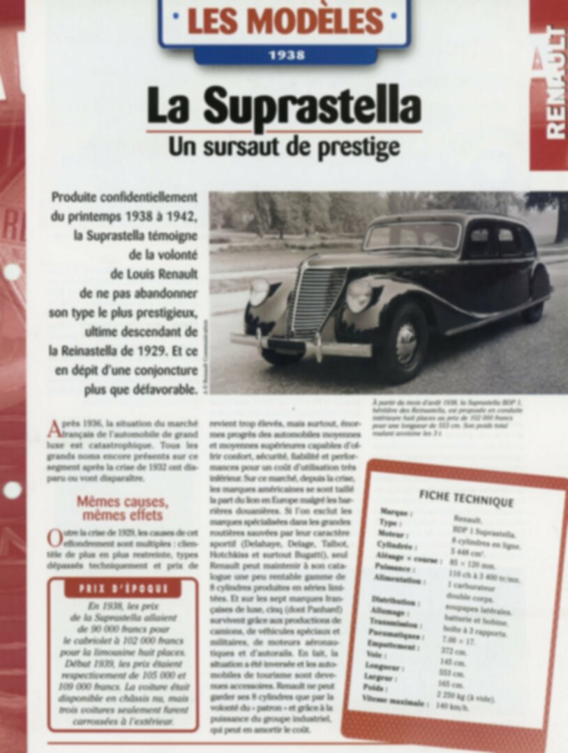 RENAULT SUPRASTELLA UN SURSAUT DE PRESTIGE - LES MODÈLES 1938 - FICHE ...