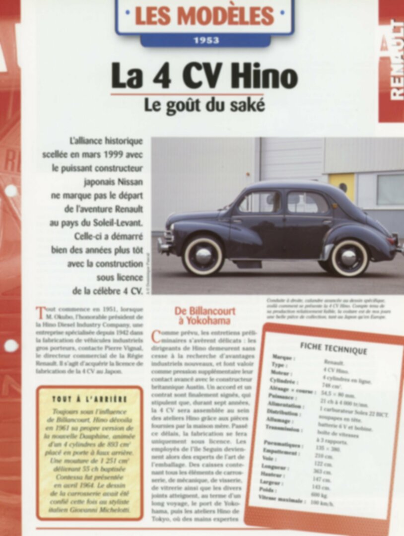 RENAULT 4CV HINO - FICHE AUTO HACHETTE LES MODÈLES 1953 - AUTO / MOTO ...