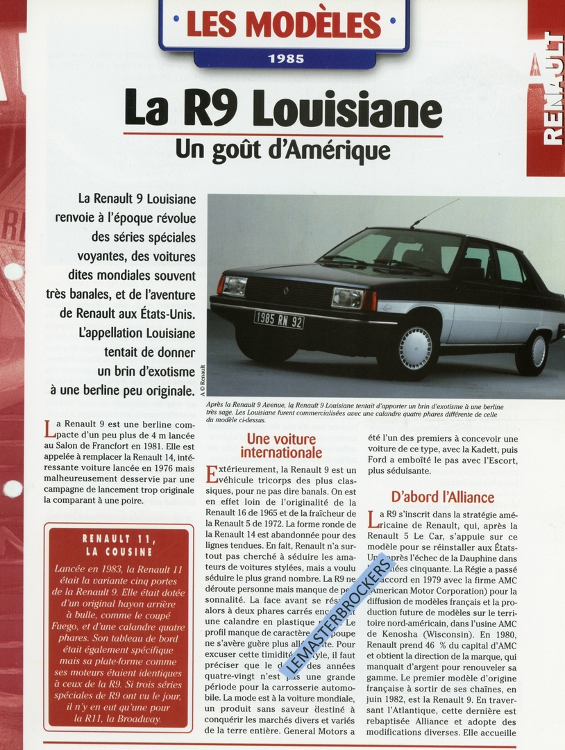 RENAULT 9 LOUSIANE R9 - LES MODÈLES 1985 - FICHE AUTO HACHETTE - FICHES ...