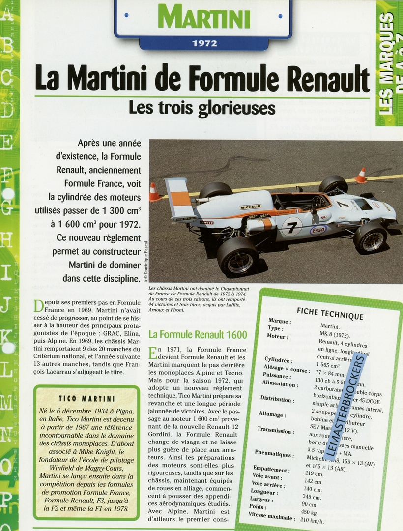 MARTINI FORMULE RENAULT 1972 - FICHE AUTO HACHETTE