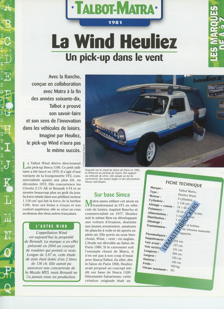 TALBOT MATRA WIND HEULIEZ - 1981 - FICHE AUTO HACHETTE - FICHES AUTO ...
