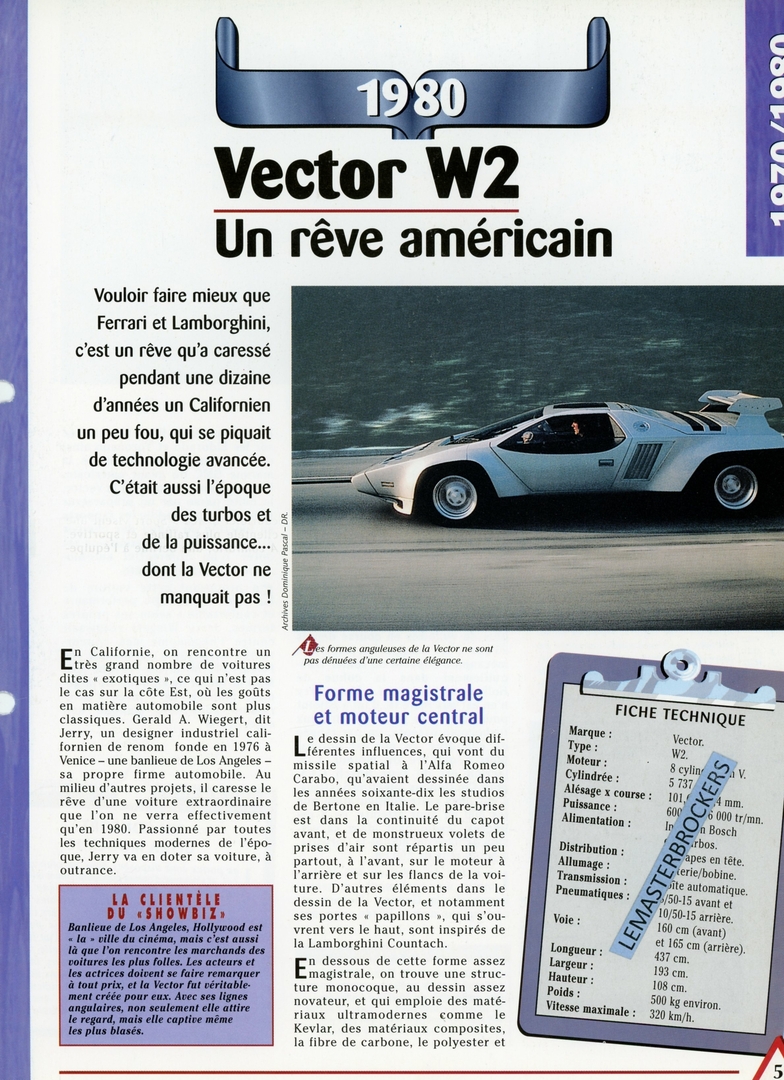 FICHE TECHNIQUE VECTOR W2 1980 - FICHE AUTO - HACHETTE - FICHES AUTO ...