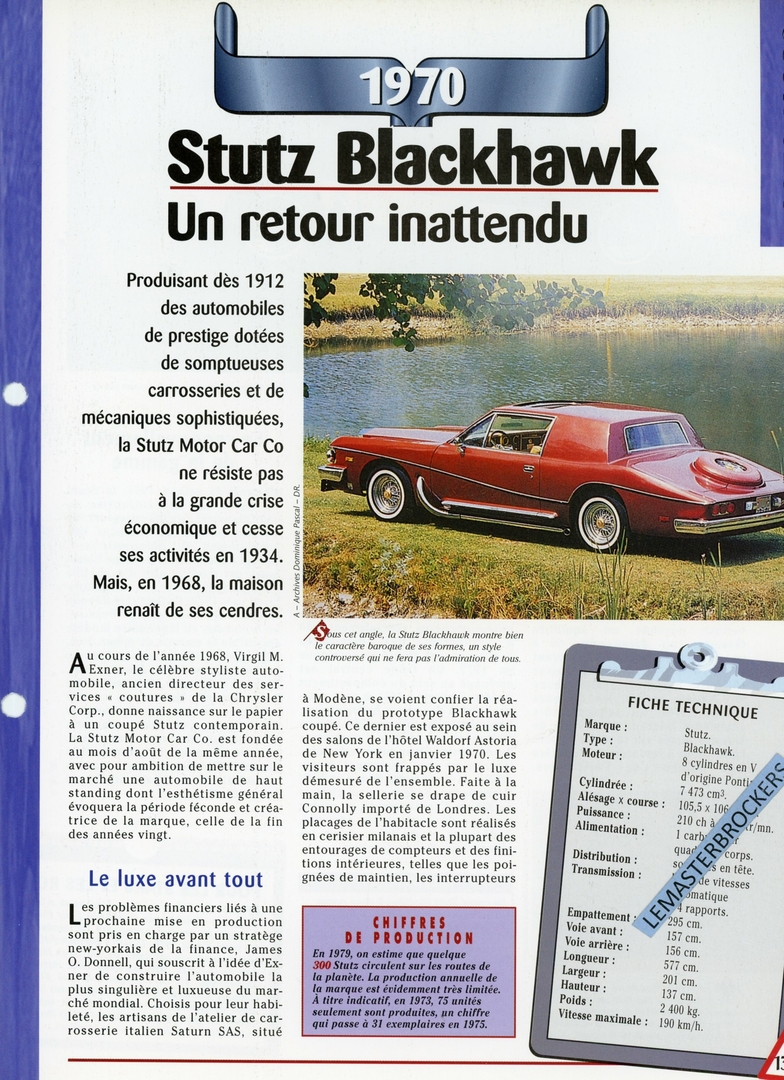 FICHE TECHNIQUE STUTZ BLACKHAWK 1970 - FICHE AUTO - HACHETTE - FICHES ...