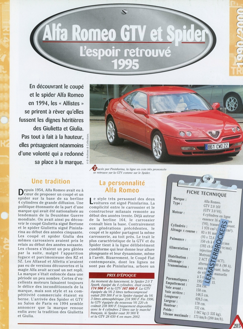 FICHE TECHNIQUE ALFA ROMEO GTV 16V V6 - FICHE AUTO - HACHETTE ...