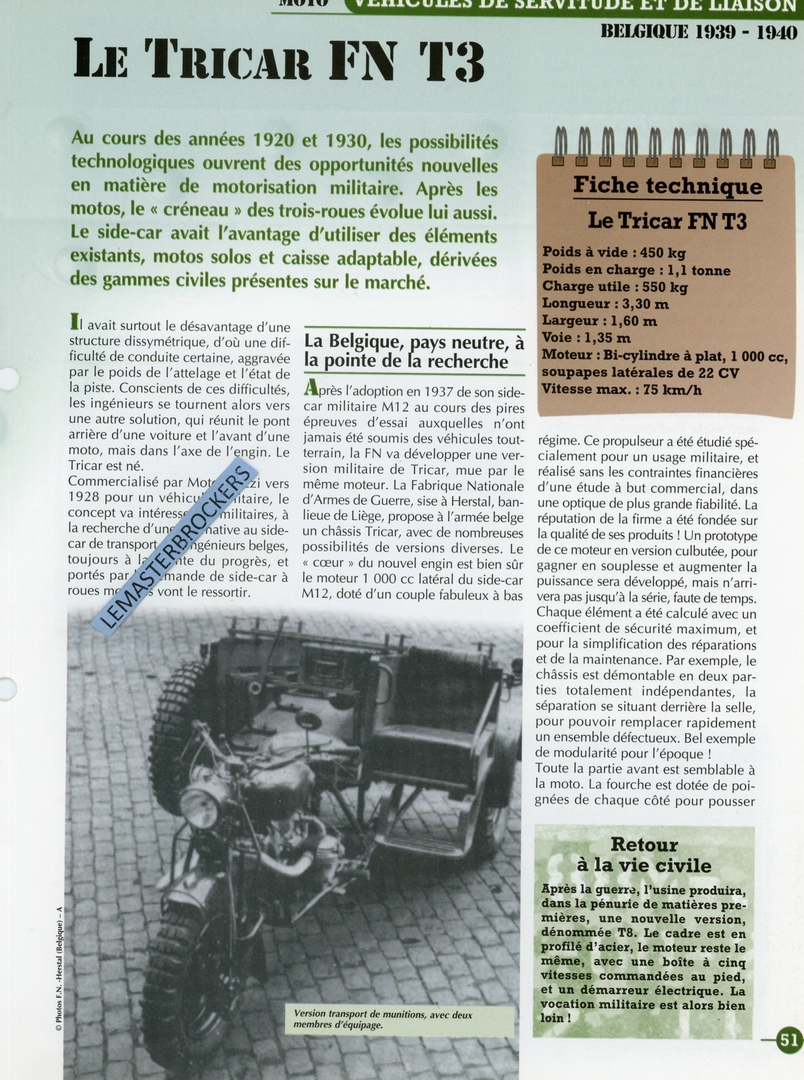 TRICAR FN T3 - FICHE MOTO MILITAIRE HACHETTE COLLECTION - FICHE TECHNIQUE