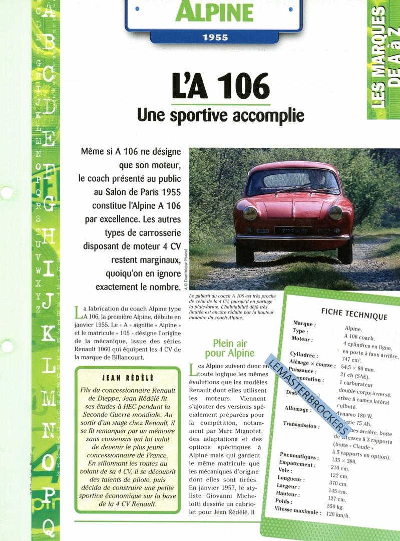 ALPINE A106 1955 - FICHE AUTO HACHETTE 4 PAGES - FICHE TECHNIQUE - AUTO ...