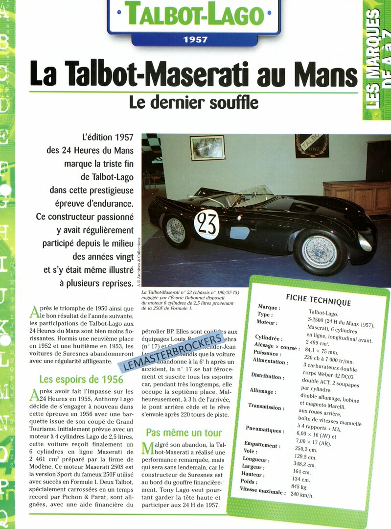 TALBOT LAGO MASERATI AU MANS - FICHE AUTO COLLECTION HACHETTE - FICHE ...