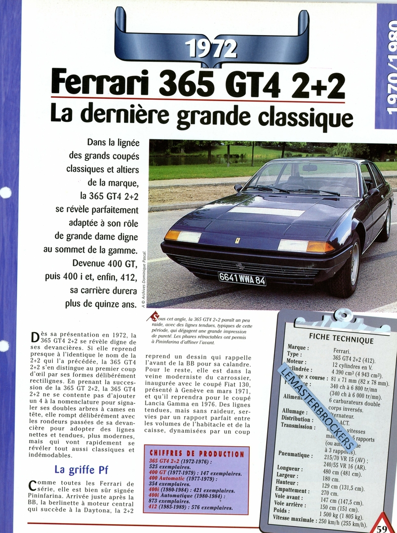 FERRARI 365 GT4 2+2 1972 - FICHE AUTO COLLECTION HACHETTE - FICHE ...