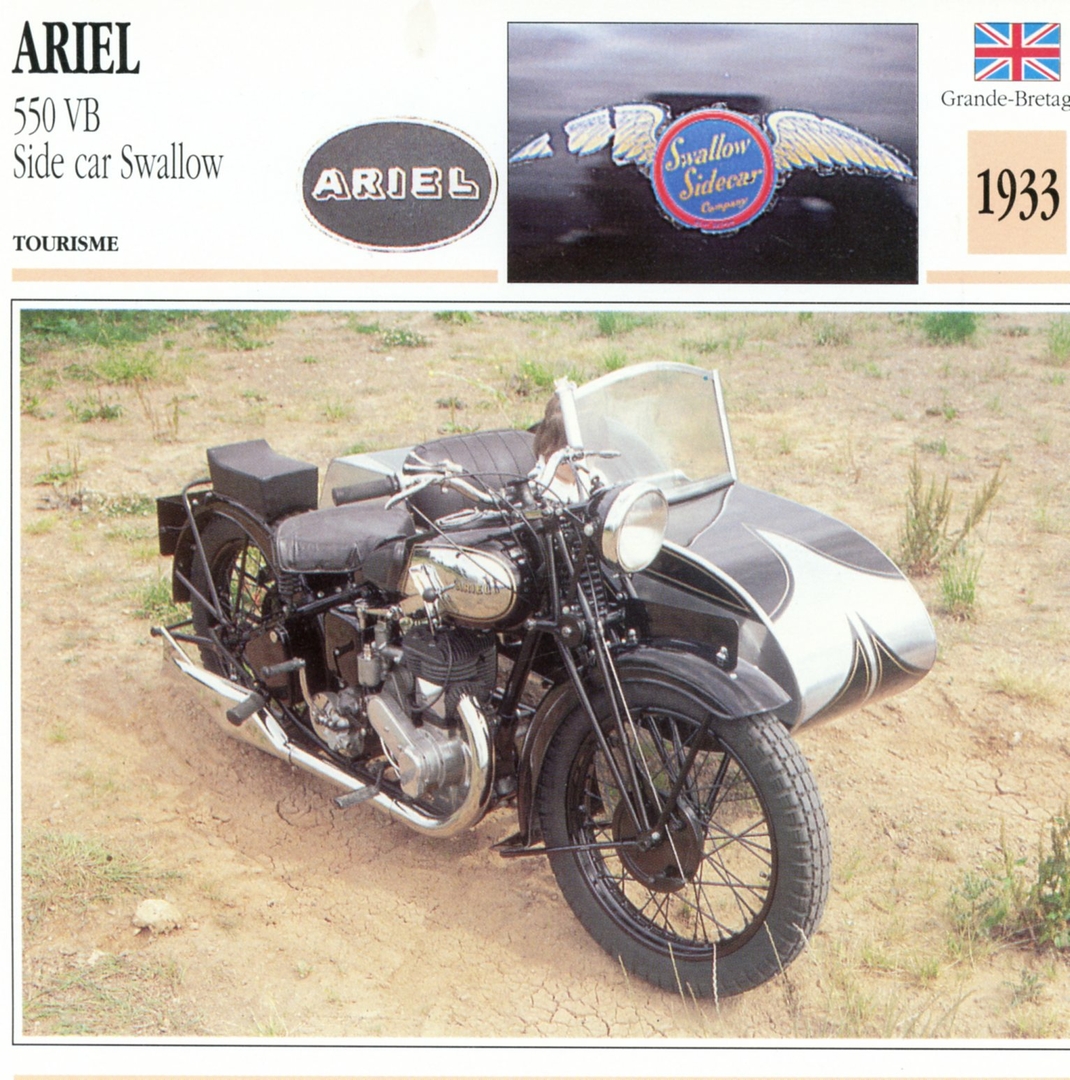 ARIEL 550 VB SIDE CAR SWALLOW 1933 - CARTE CARD FICHE MOTO ...