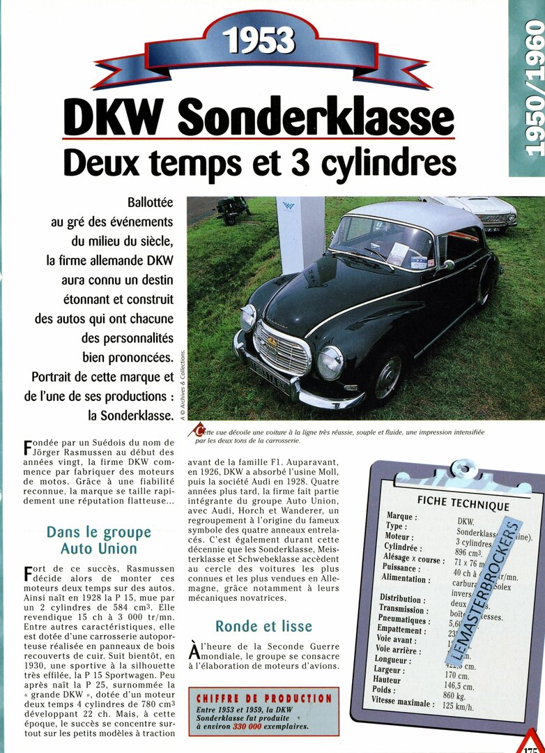 DKW SONDERKLASSE FICHE AUTO HACHETTE - FICHE TECHNIQUE - FICHES AUTO ...