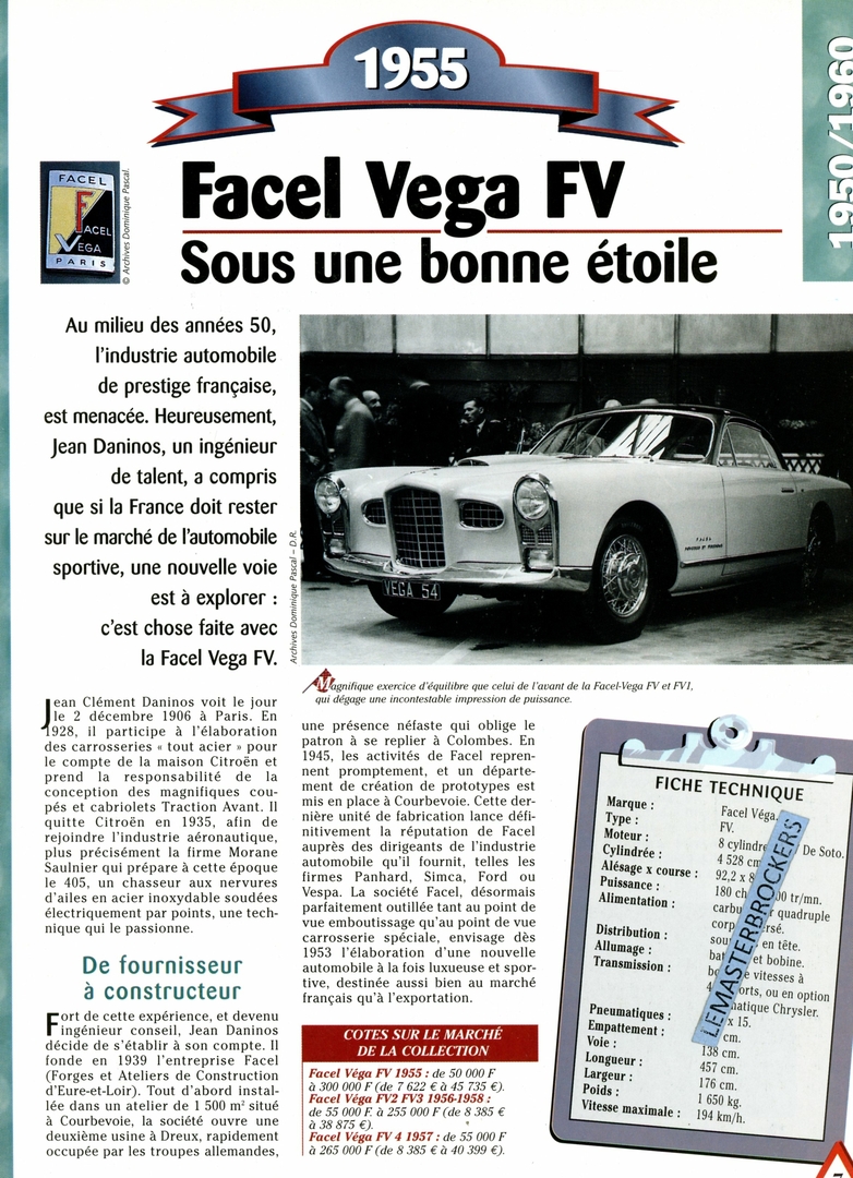 FACEL VEGA FV 1955 FICHE AUTO HACHETTE - FICHE TECHNIQUE - FICHES AUTO ...