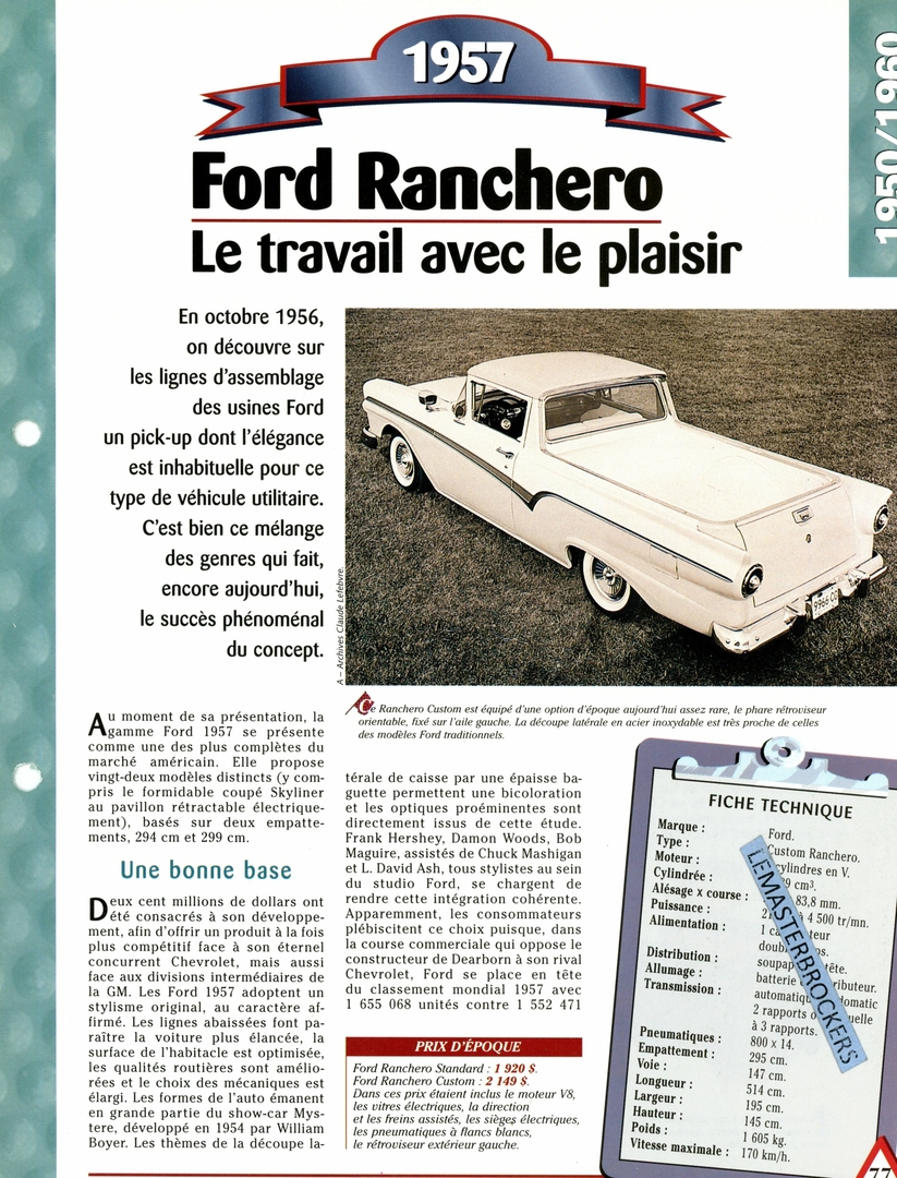 FORD RANCHERO CUSTOM 1957 FICHE AUTO HACHETTE - FICHE TECHNIQUE ...