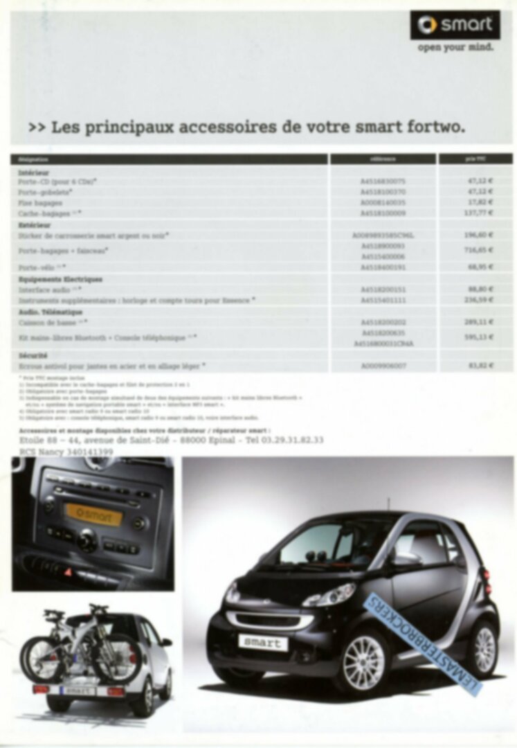 PROSPECTUS SMART FORTWO TARIFS DES PRINCIPAUX ACCESSOIRES - FICHE AUTO ...