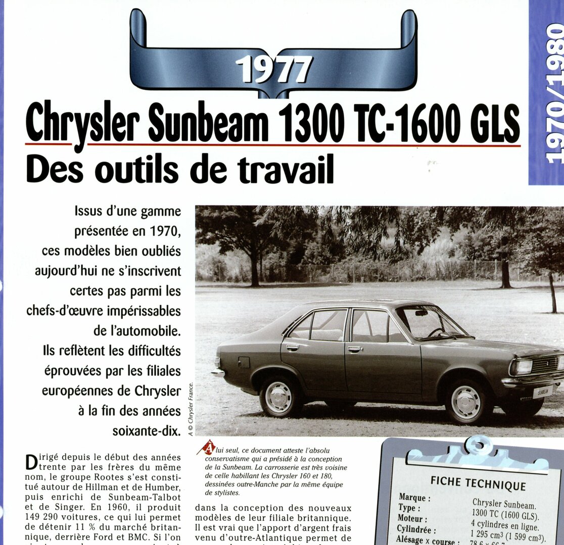 FICHE CHRYSLER SUNBEAM 130 TC 1600 GLS - FICHE AUTO TECHNIQUE - FICHES ...