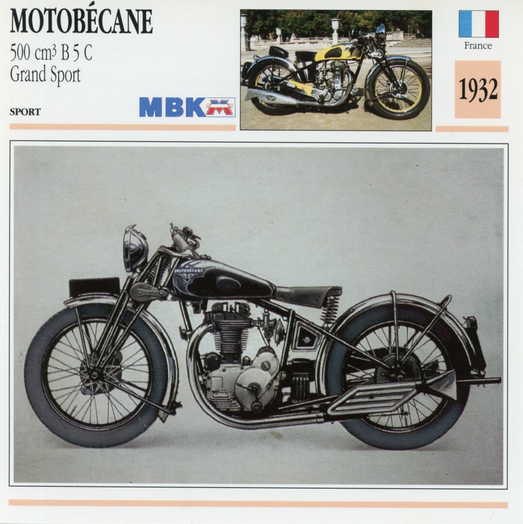 MOTOBÉCANE 500 B5C GRAND SPORT 1932 - CARTE CARD FICHE MOTO ...