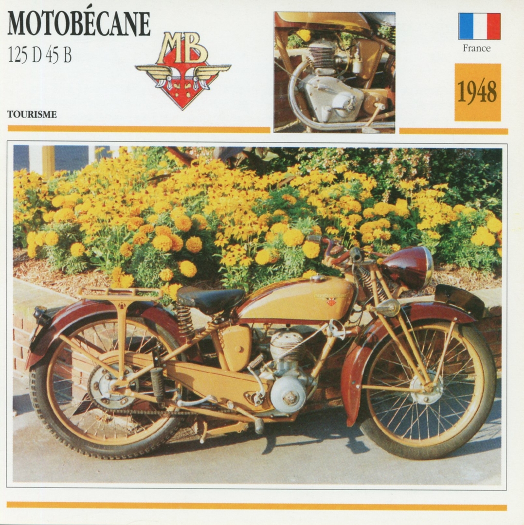 MOTOBÉCANE 125 D45B 1948 - CARTE CARD FICHE MOTO CARACTERISTIQUES