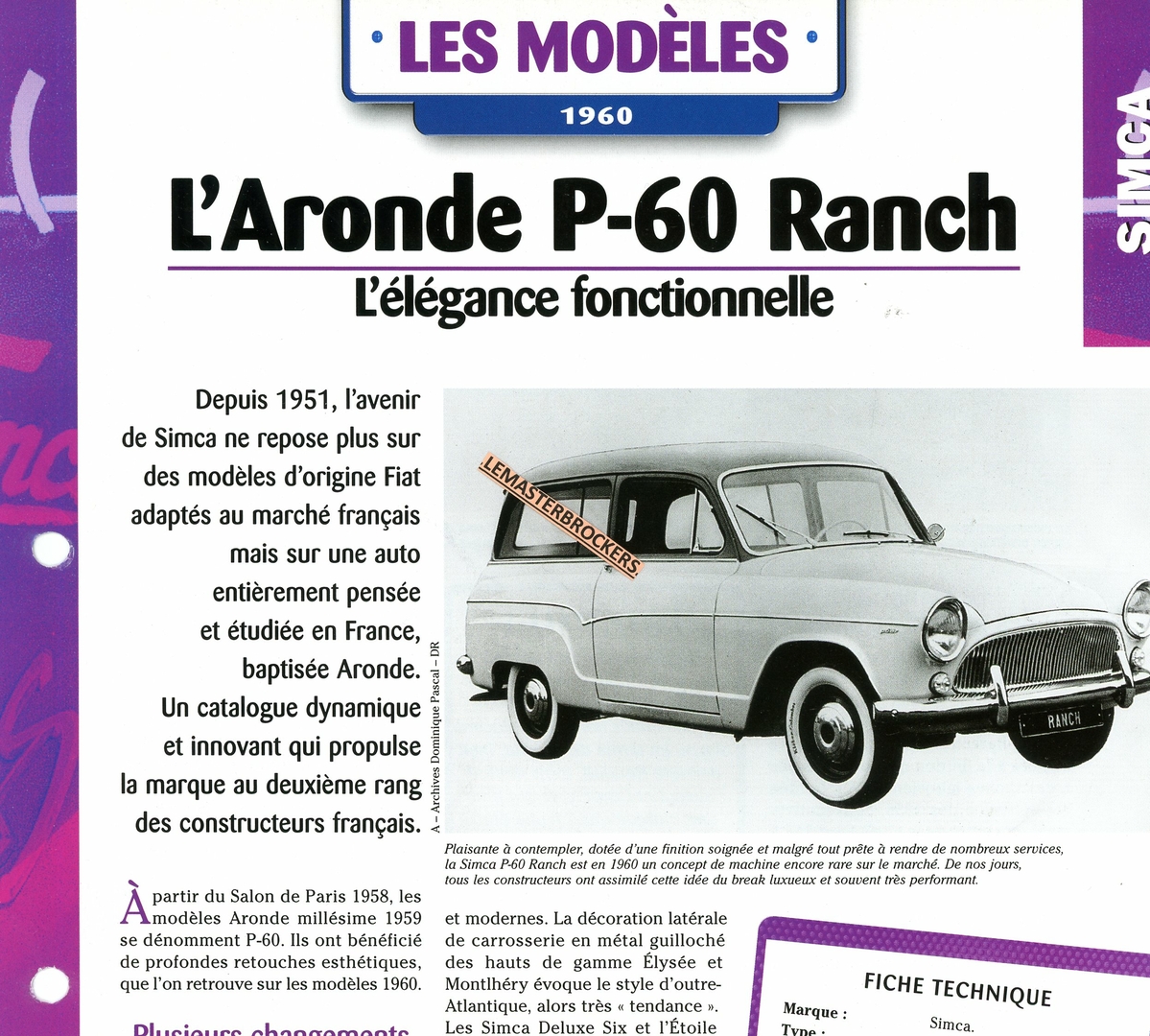 FICHE SIMCA P60 ARONDE RANCH - FICHE AUTO LES MODÈLES 1960 - FICHES ...