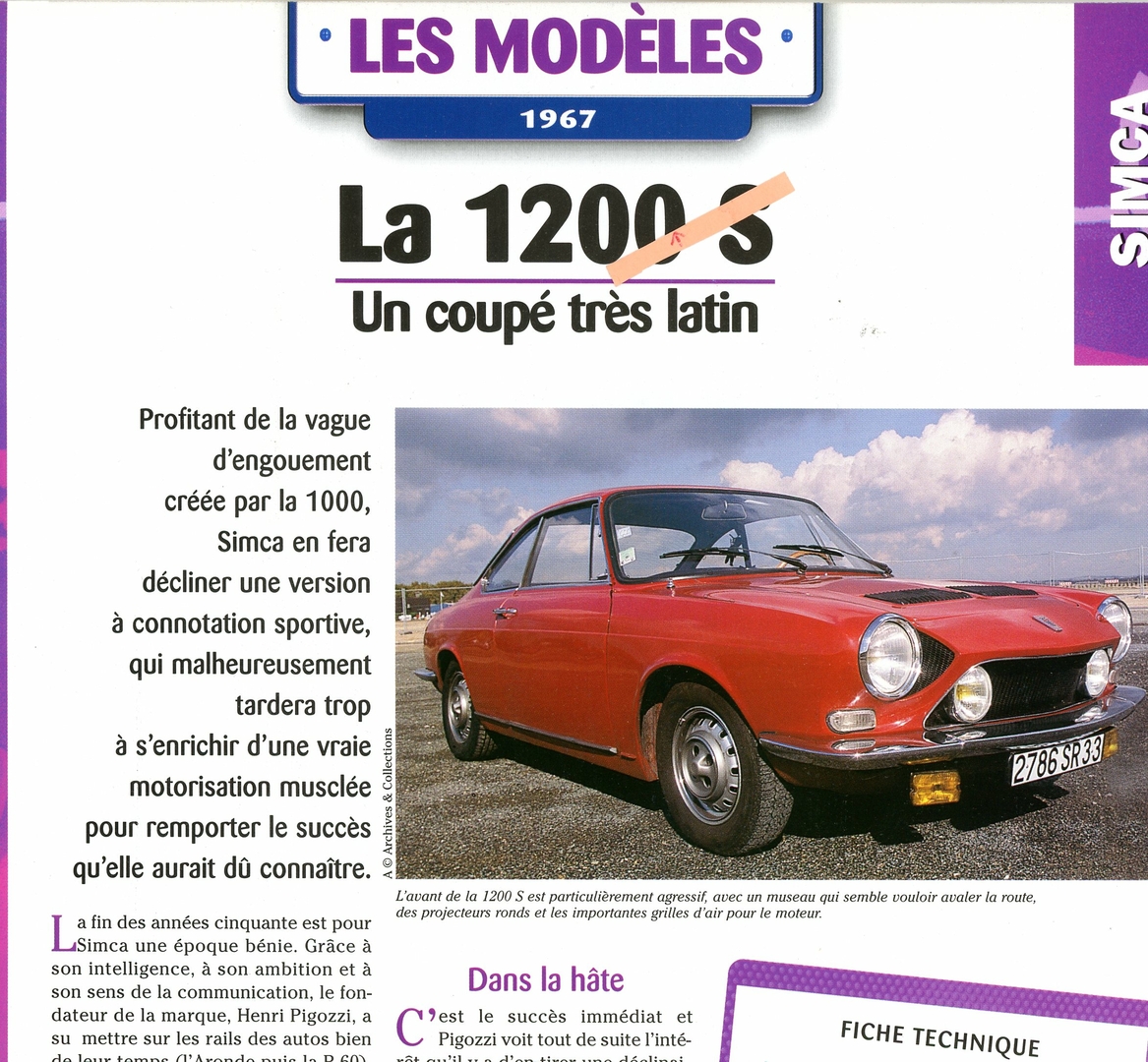 FICHE SIMCA 1200 S - FICHE AUTO LES MODÈLES 1967 - FICHES AUTO - LEMASTERBROCKERS