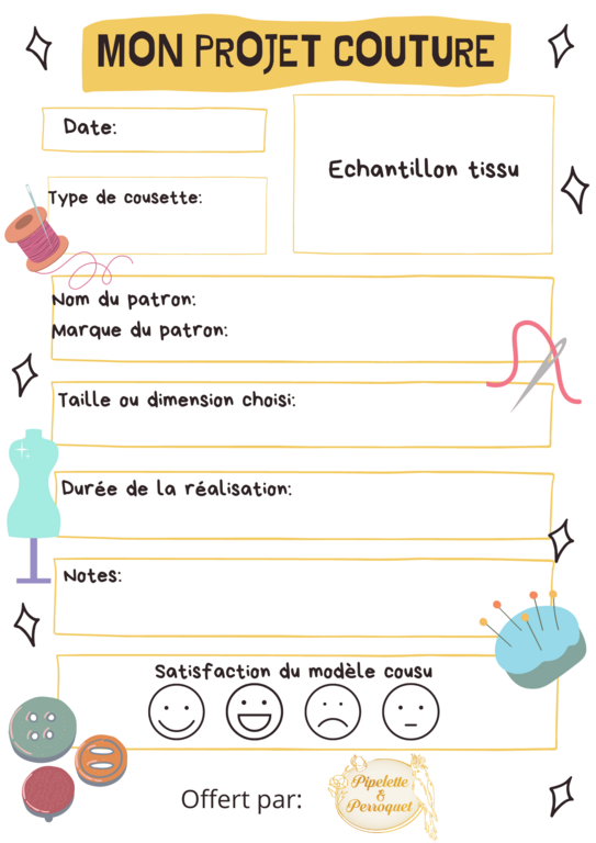 Feuille "mon projet couture" - Patron/Gratuit - Pipelette