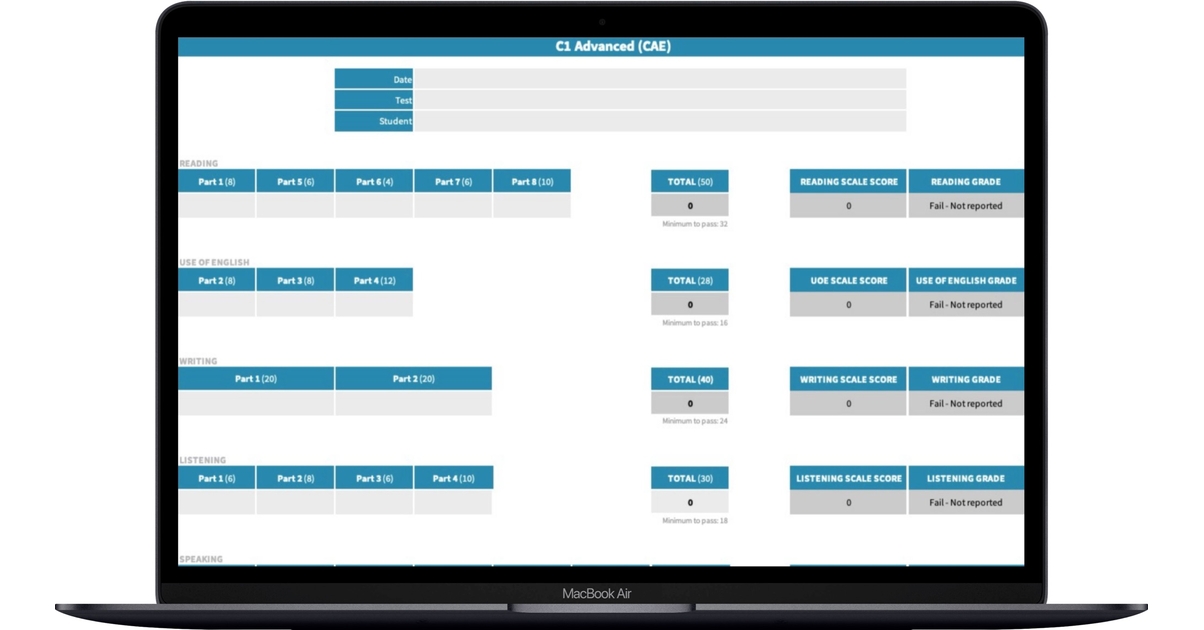 Score Calculator C1 Advanced (CAE) [EXCEL] | Tienda KSE Academy