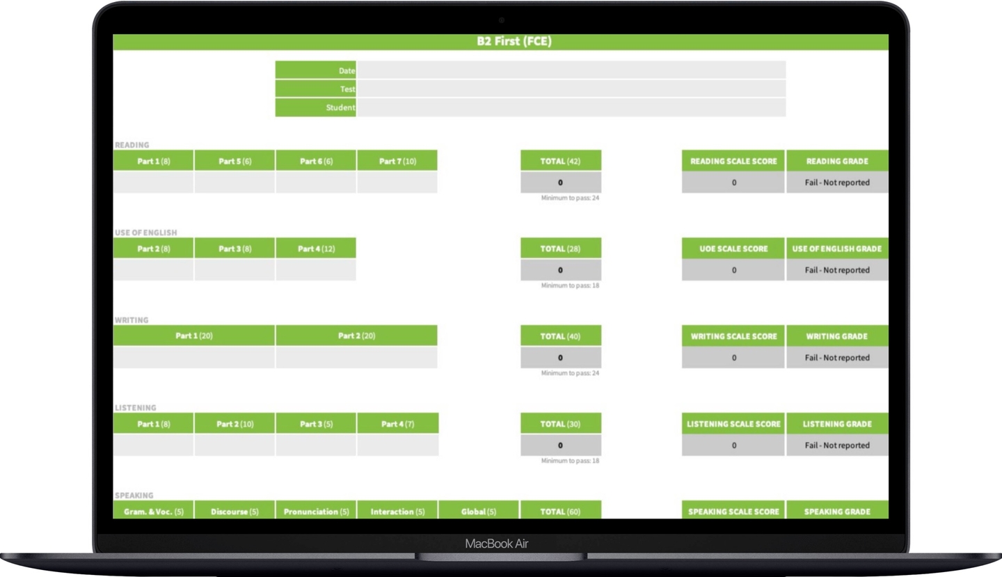 Score Calculator B2 First (FCE) [EXCEL] | Tienda KSE Academy