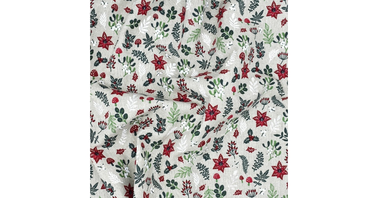 Tissu Noel houx - Tissus effet lin motif gui