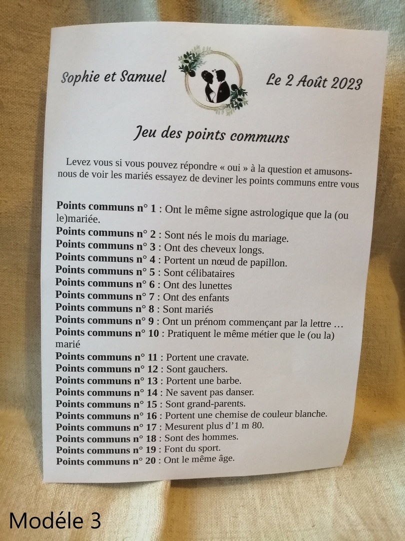 Jeu de mariage "Les points communs", personnalisable, 6 modèles au ...