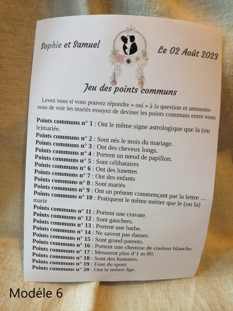 Jeu de mariage "Les points communs", personnalisable, 6 modèles au ...