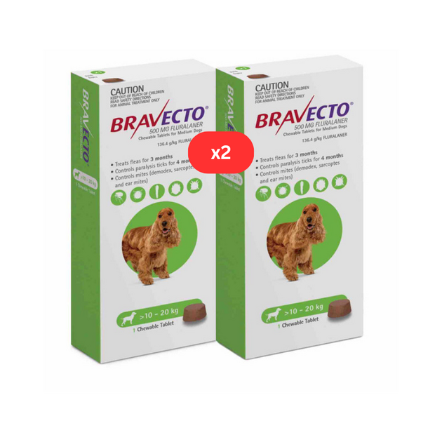 2 Bravecto anti-Puces et Tiques à croquer pour chiens de 10 à 20 kg -Vert 2 - Chiens/Bravecto ...