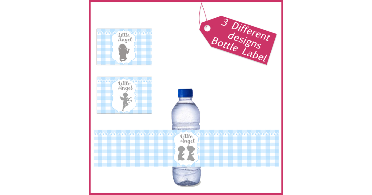 Baby bottle labels, gingham blue pattern, birthday decoration ...