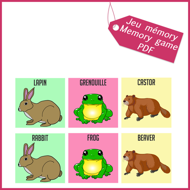 Cartes à jouer Memory bilingue (français/anglais) Animaux pour enfants ...